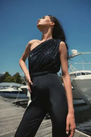 Mac Duggal Sequin One-shoulder Bell-bottom Jumpsuit