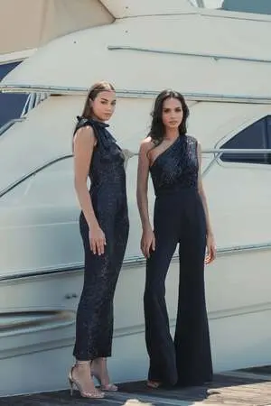 Mac Duggal Sequin One-shoulder Bell-bottom Jumpsuit
