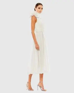 Mac Duggal Rosette One-shoulder Tea-length Dress - White