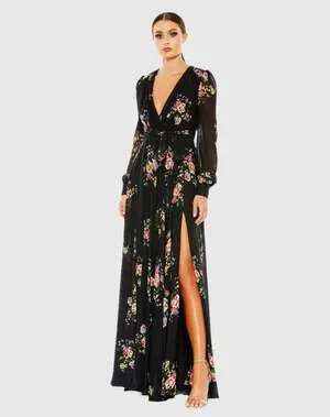 Mac Duggal Floral-printed Chiffon Long Sleeve Gown - Black Multi