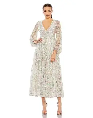 Mac Duggal Embellished Floral Print Faux Wrap A-line Dress - White Multi