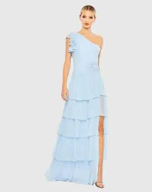 Mac Duggal Ruffle Tiered One-shoulder Gown - Powder Blue