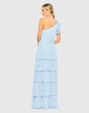 Mac Duggal Ruffle Tiered One-shoulder Gown - Powder Blue