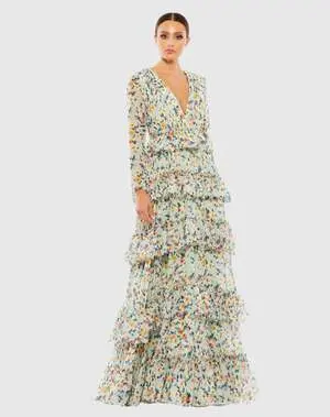 Mac Duggal Floral Printed Tiered Ruffle Long Sleeve Gown - Multi