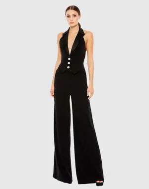 Mac Duggal Tuxedo Halter Jumpsuit - Jet Black