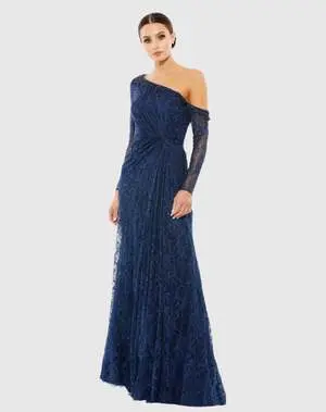 Mac Duggal Draped Jewel-encrusted Lace Gown