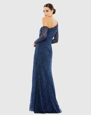 Mac Duggal Draped Jewel-encrusted Lace Gown