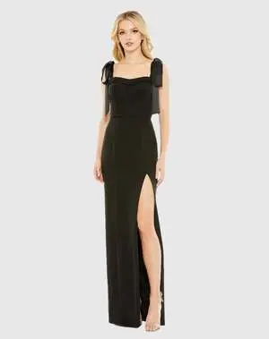 Mac Duggal Square Neck Tie Strap Gown With Slit