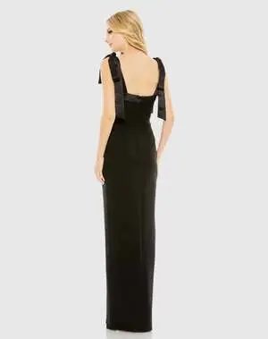 Mac Duggal Square Neck Tie Strap Gown With Slit