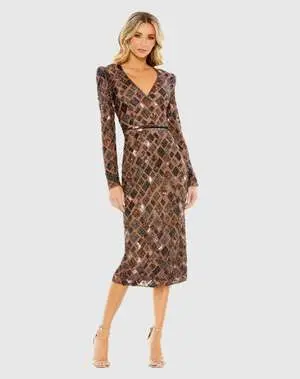 Mac Duggal Embellished Midi Sheath Dress - Chocolate