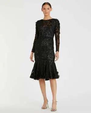 Mac Duggal Appliqué Lace High Neck Long Sleeve Dress - Black