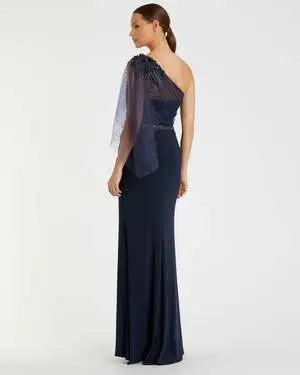 Mac Duggal Embellished One-shoulder Draped Gown
