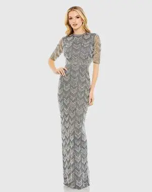 Mac Duggal Embellished Beaded Maxi Gown With High Neckline