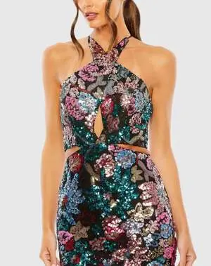 Mac Duggal Sequin Embellished Cross Neck Gown