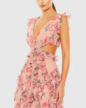 Mac Duggal Floral-printed Chiffon V-neck Gown