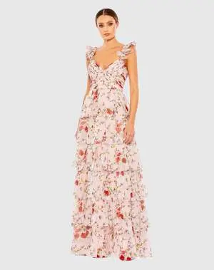 Mac Duggal Ruffled Floral Print Tiered Gown - Pink Multi