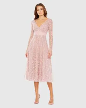 Mac Duggal Embellished Illusion Long Sleeve Dress - Rose