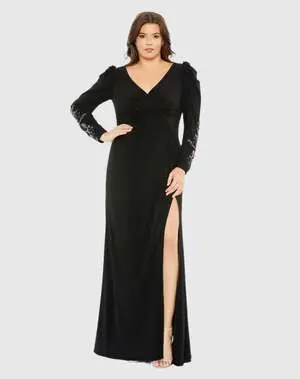 Mac Duggal Embellished Long Sleeve Faux Wrap Gown - Black
