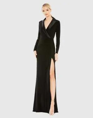 Mac Duggal Long Sleeve Faux Tuxedo Gown - Black