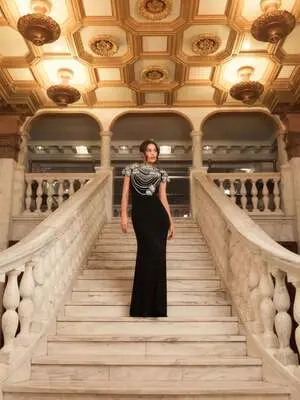 Mac Duggal High Neck Embellished Column Gown