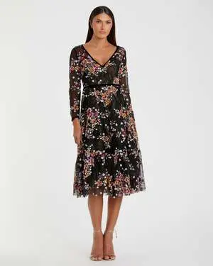 Mac Duggal Floral Embroidered Tea-length Cocktail Dress - Black Multi