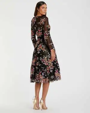 Mac Duggal Floral Embroidered Tea-length Cocktail Dress