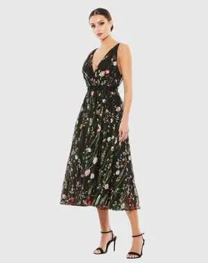 Mac Duggal Floral Embroidered Midi Dress - Black Multi