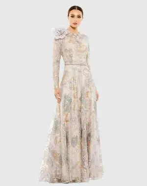 Mac Duggal Embellished Long Sleeve High Neck Gown With Rose Applique - Multi