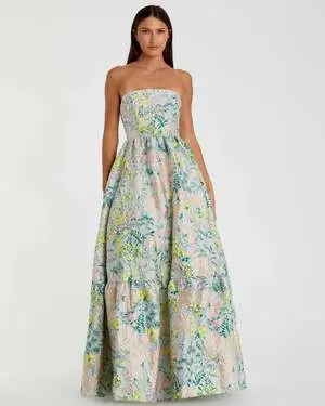 Mac Duggal Strapless Floral Brocade A-line Gown - Pastel Multi