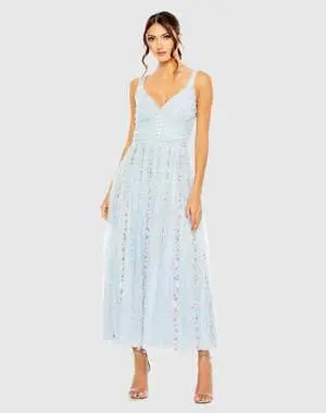Mac Duggal Floral Embroidered Ruffle Detail Midi Dress