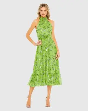 Mac Duggal Floral Print High-neck A-line Midi Dress - Sage Multi