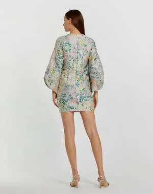 Mac Duggal Floral Brocade Puff Sleeve Mini Dress - Multicolor