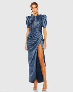 Mac Duggal Charmeuse Column Gown With Puff Sleeves