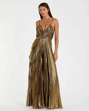 Mac Duggal Ieena For Mac Duggal Metallic Pleated V-Neck Jumpsuit Gold