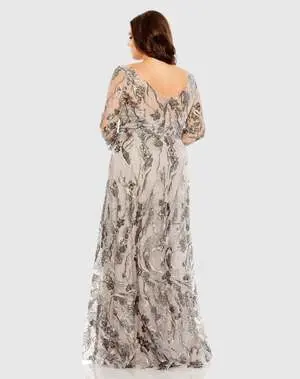 Mac Duggal Embroidered A-line Gown With Long Sleeves - Taupe