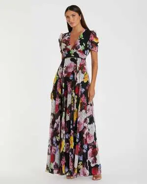 Mac Duggal Floral-printed Mesh Gown With Short Sleeves - Black Multi