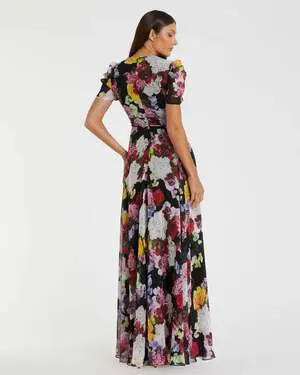 Mac Duggal Floral-printed Mesh Gown With Short Sleeves