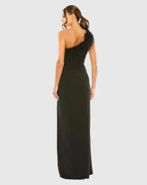Mac Duggal One-shoulder Feather Trim Gown
