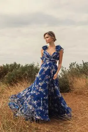 Mac Duggal Floral Cut-out Chiffon Gown - Blue Multi