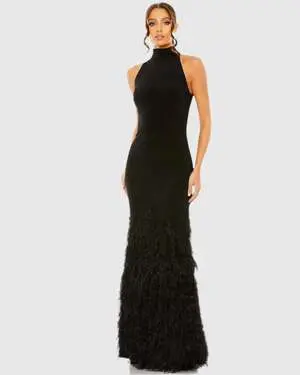 MAC DUGGAL COLLECTION Halter Neck Jersey Gown With Feather Hem