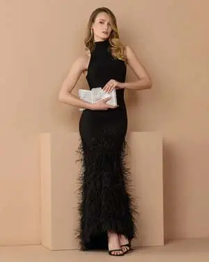 MAC DUGGAL COLLECTION Halter Neck Jersey Gown With Feather Hem