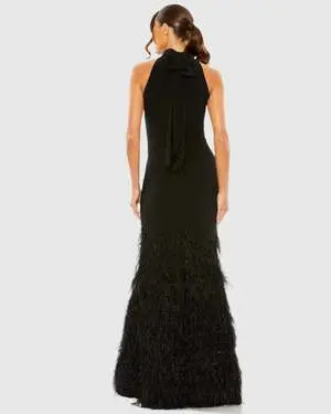 MAC DUGGAL COLLECTION Halter Neck Jersey Gown With Feather Hem