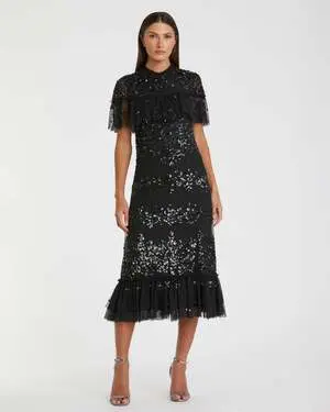 Mac Duggal Sequined High Neck Ruffled Midi Dress