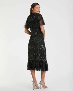 Mac Duggal Sequined High Neck Ruffled Midi Dress