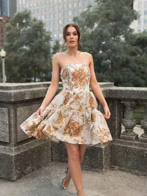 Mac Duggal Strapless Brocade Mini Dress - Bronze
