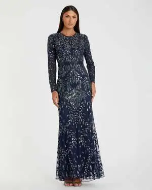 Mac Duggal Long Sleeve Embellished Gown - Midnight