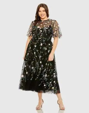 Mac Duggal Floral Embroidered A-line Midi Dress