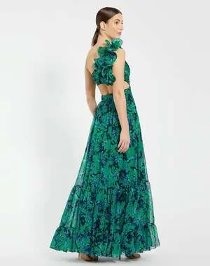 Mac Duggal Floral-printed Chiffon One-shoulder Gown - Black Multi