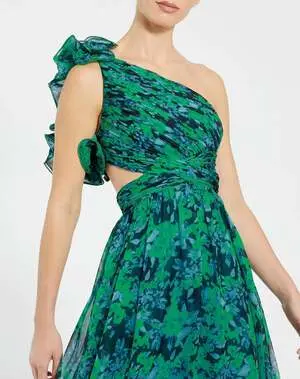 Mac Duggal Floral-printed Chiffon One-shoulder Gown