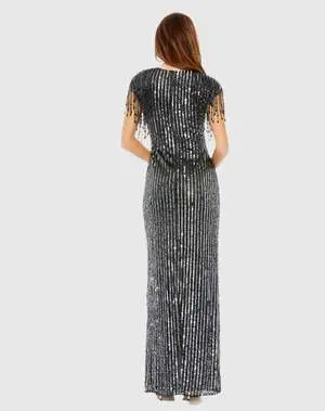Mac Duggal Sequin Embellished Gown With Fringe Detail